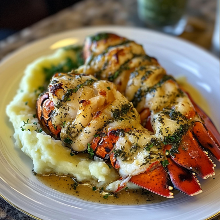 Baked Lobster Tails with Garlic Herb Butter Sauce and Mashed Potatoes ...